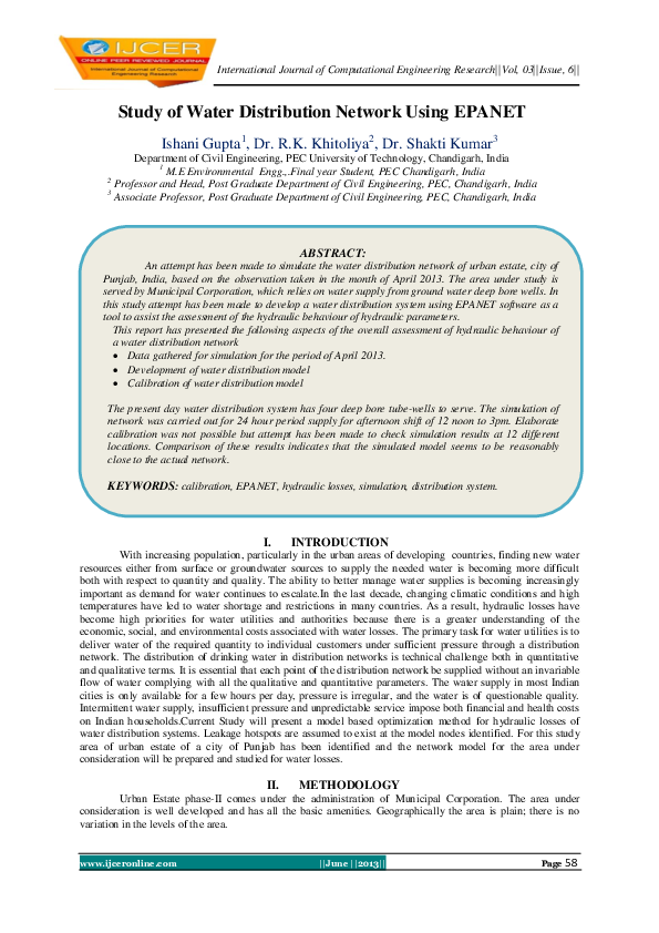 (PDF) Study of Water Distribution Network Using EPANET