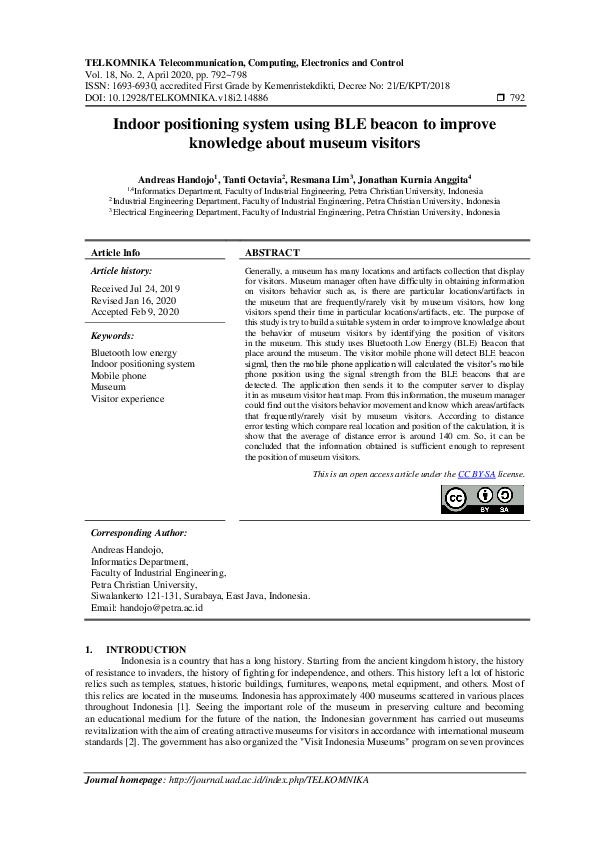 (PDF) Indoor positioning system using BLE beacon to improve knowledge about museum visitors ...