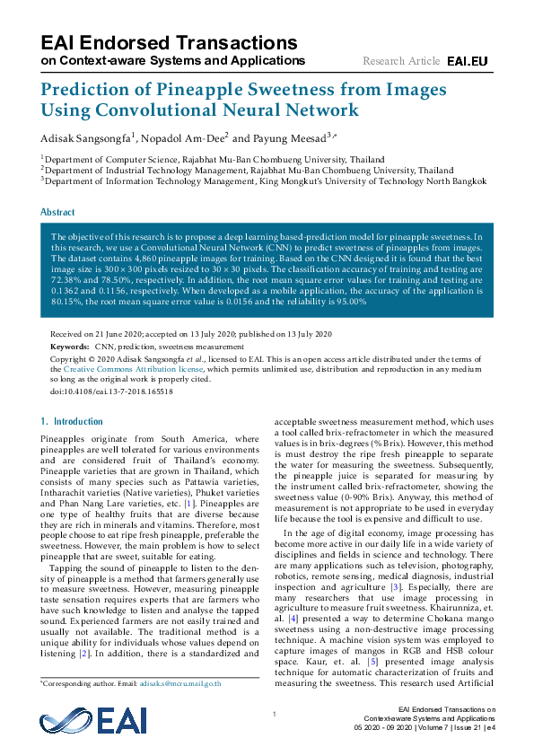 Pdf Prediction Of Pineapple Sweetness From Images Using Convolutional Neural Network