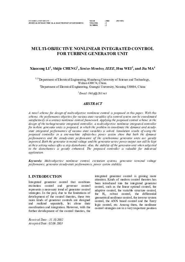 (PDF) Multi-objective nonlinear integrated control for turbine generator unit