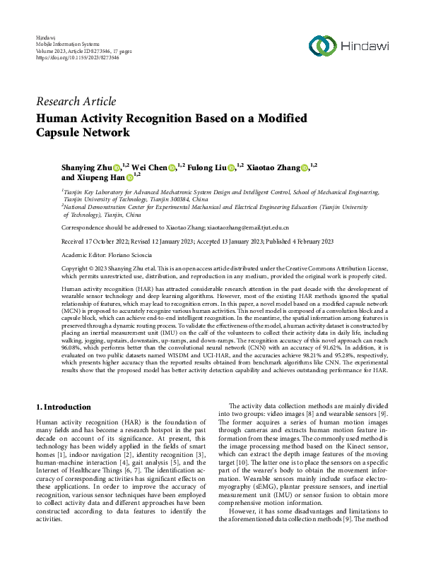 Pdf Human Activity Recognition Based On A Modified Capsule Network Fulong Liu