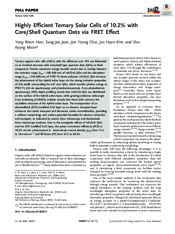 (PDF) Highly efficient Ternary Solar Cells of 10.2% with Core/Shell Quantum Dots via FRET Effect