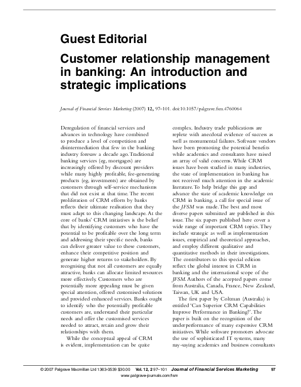Pdf Customer Relationship Management In Banking An Introduction And Strategic Implications