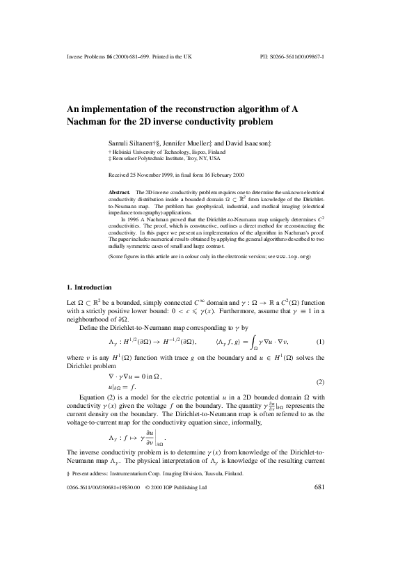 (PDF) An implementation of the reconstruction algorithm of A Nachman for the 2D inverse ...
