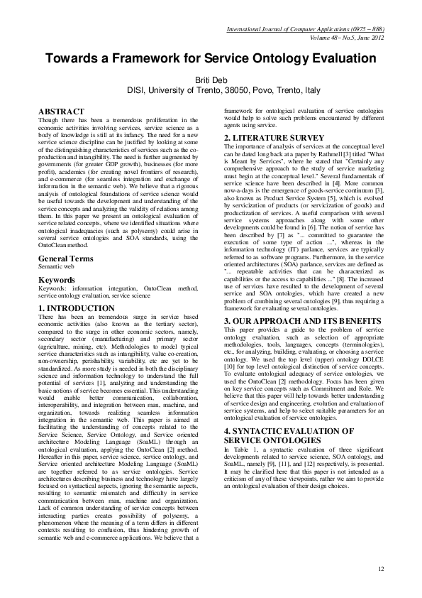 (PDF) Towards a Framework for Service Ontology Evaluation
