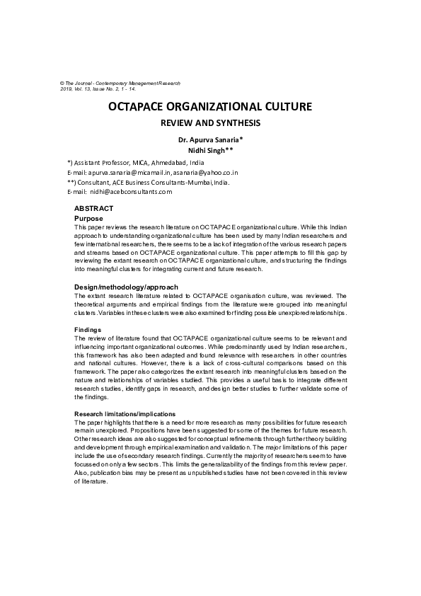 (PDF) OCTAPACE Organizational Culture: Review and Synthesis