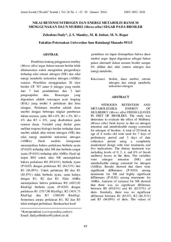 (PDF) NILAI RETENSI NITROGEN DAN ENERGI METABOLIS RANSUM MENGGUNAKAN ...