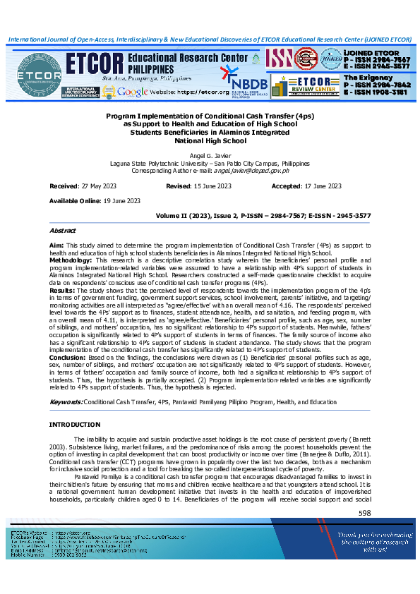 (PDF) Program Implementation of Conditional Cash Transfer (4ps) as ...