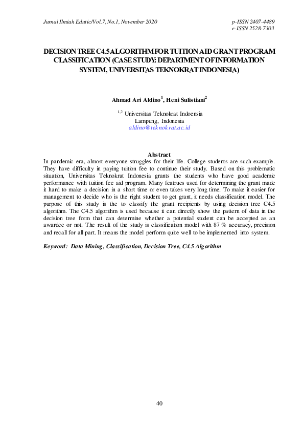 (PDF) Decision Tree C4.5 Algorithm for Tuition Aid Grant Program Classification (Case Study ...