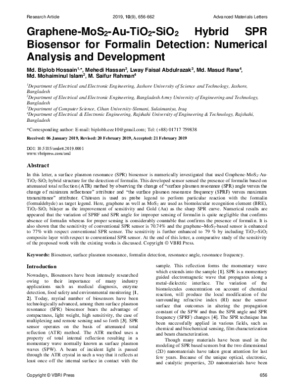 Pdf Graphene Mos2 Au Tio2 Sio2 Hybrid Spr Biosensor For Formalin Detection Numerical Analysis
