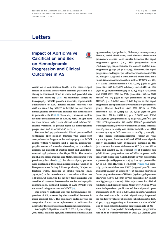 Pdf Impact Of Aortic Valve Calcification And Sex On Hemodynamic