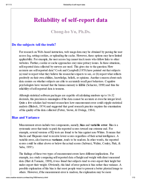 (PDF) Reliability of self-report data
