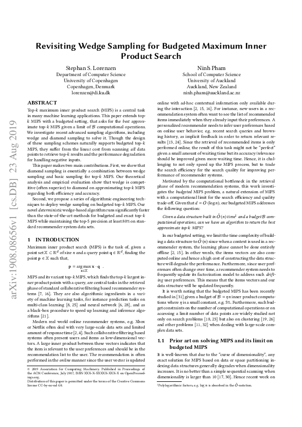 Pdf Revisiting Wedge Sampling For Budgeted Maximum Inner Product Search Ninh Pham 