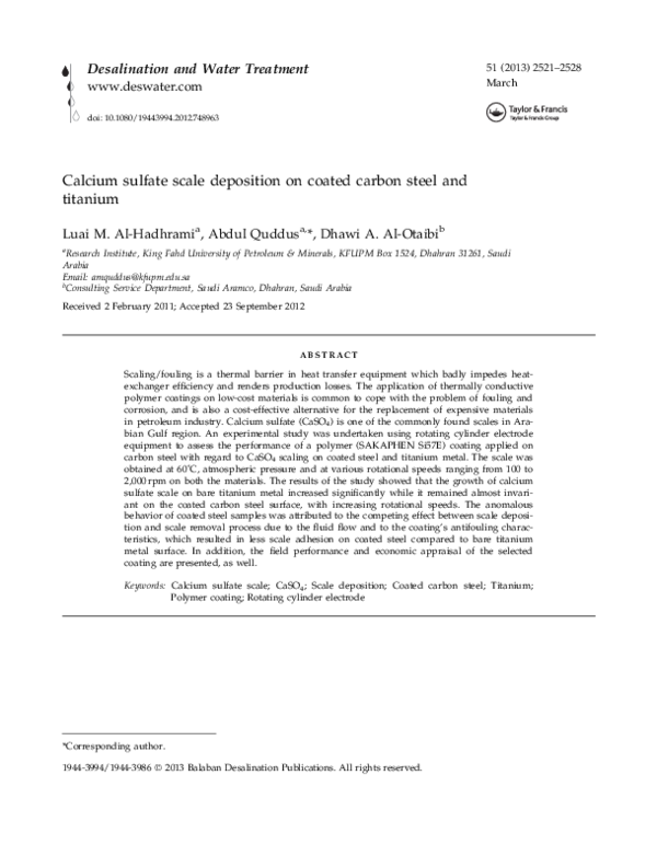 (PDF) Calcium sulfate scale deposition on coated carbon steel and titanium