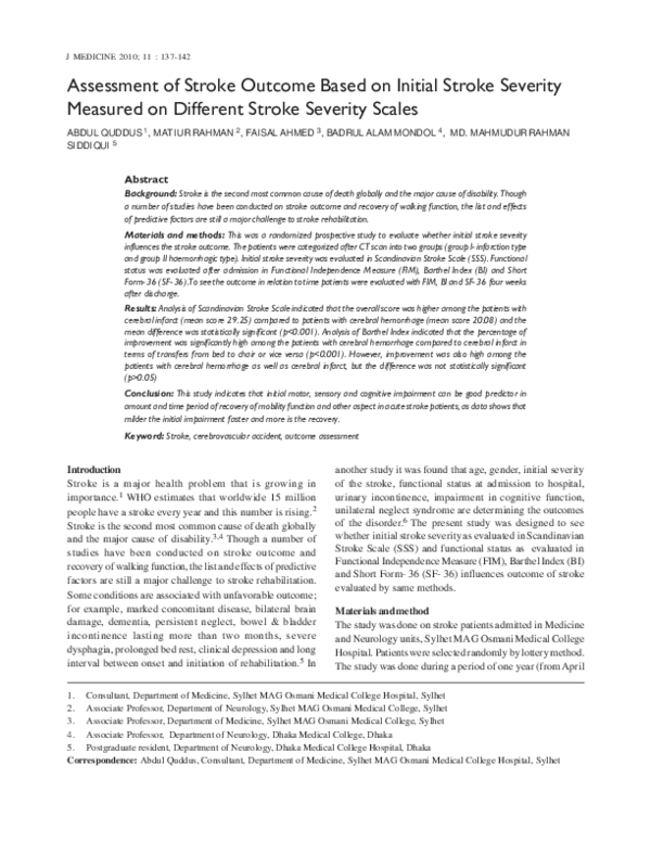 (PDF) Assessment of Stroke Outcome Based on Initial Stroke Severity ...