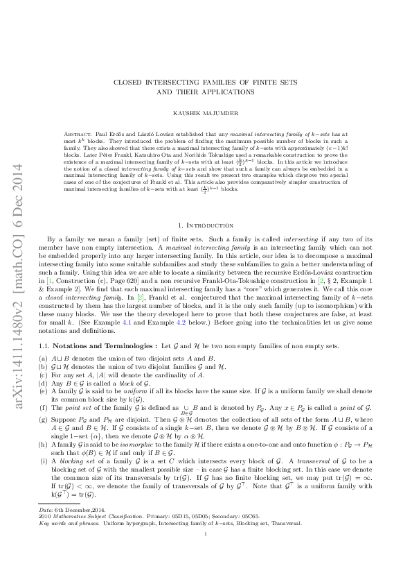 (PDF) Closed Intersecting Families of finite sets and their applications