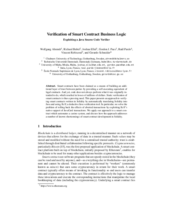 (PDF) Verification of Smart Contract Business Logic