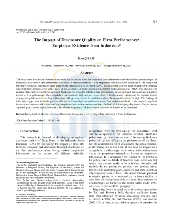 (PDF) The Impact of Disclosure Quality on Firm Performance: Empirical Evidence from Indonesia ...