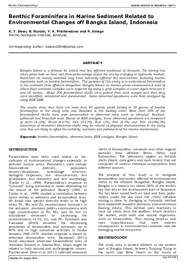 (PDF) Benthic Foraminifera in Marine Sediment Related to Environmental Changes off Bangka Island ...