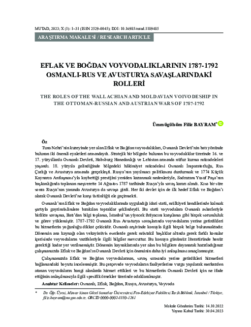 (PDF) EFLAK VE BOĞDAN VOYVODALIKLARININ 1787-1792 OSMANLI-RUS VE ...