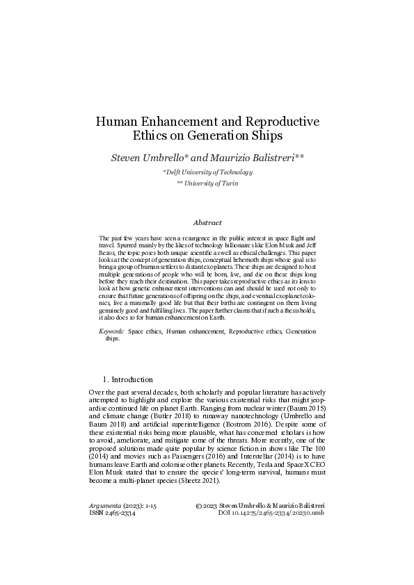 (PDF) Human Enhancement and Reproductive Ethics on Generation Ships