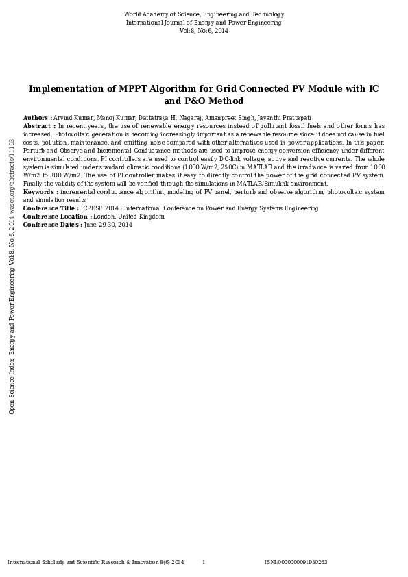 Pdf Implementation Of Mppt Algorithm For Grid Connected Pv Module