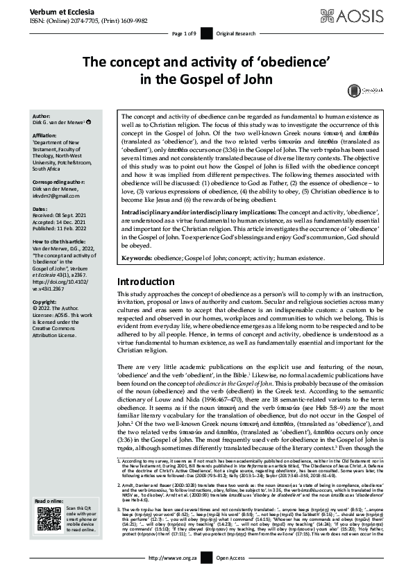(PDF) The concept and activity of ‘obedience’ in the Gospel of John