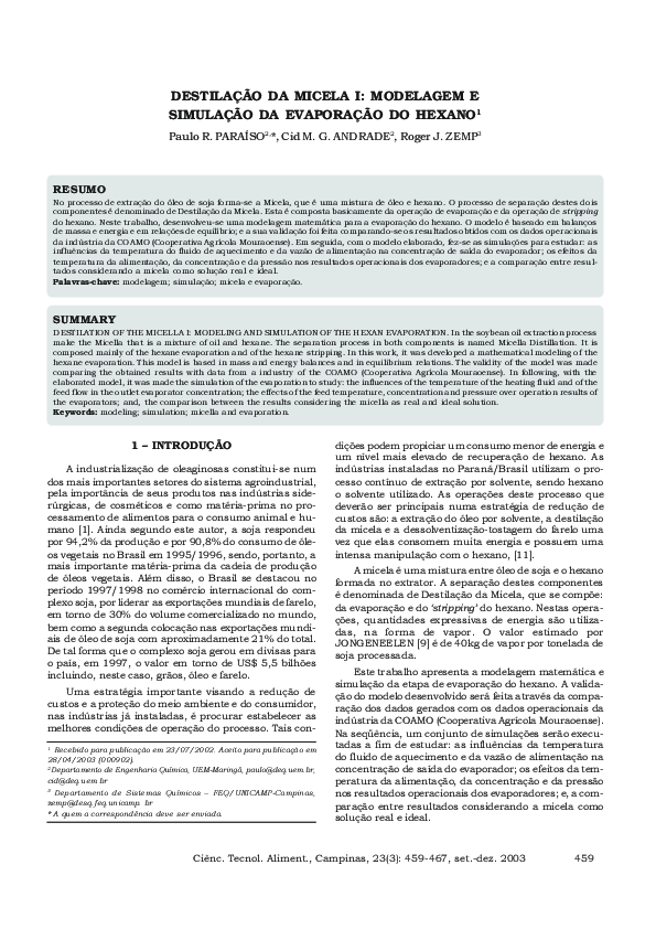 (PDF) Destilação da Micela I: modelagem e simulação da evaporação do hexano