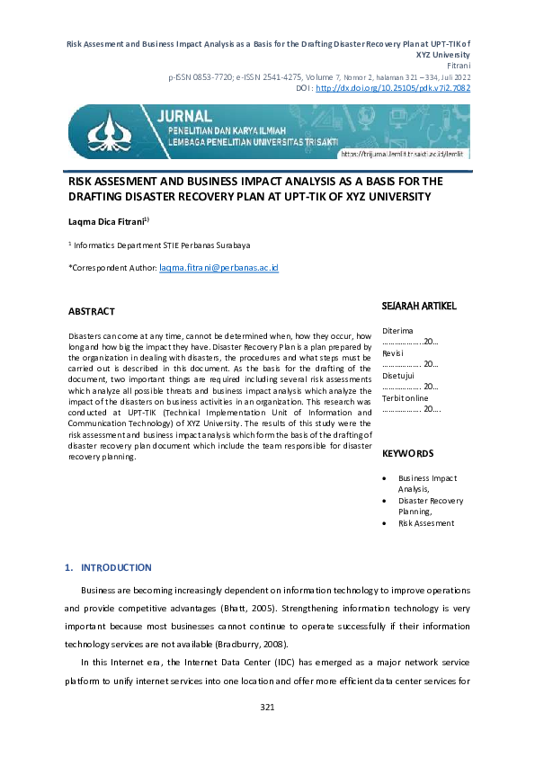 (PDF) Risk Assesment and Business Impact Analysis as a Basis for the Drafting Disaster Recovery ...