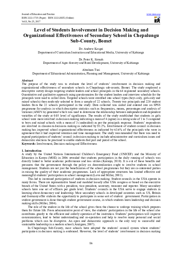 (PDF) Level of Students Involvement in Decision Making and Organizational Effectiveness of ...