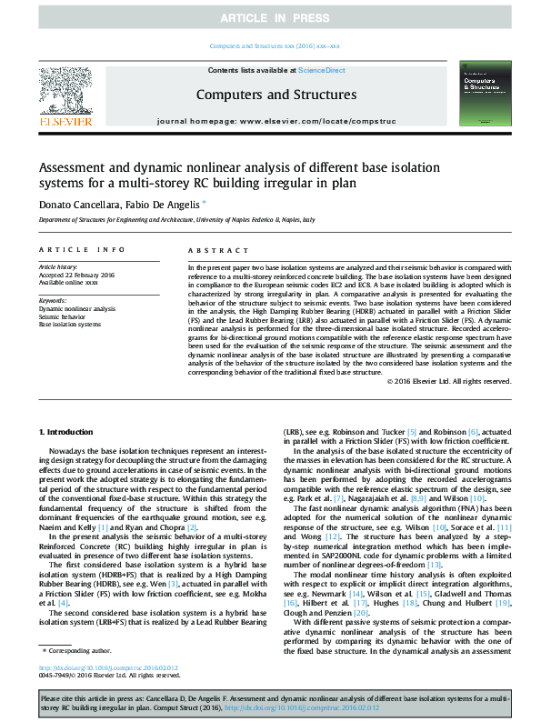 (PDF) Assessment and dynamic nonlinear analysis of different base isolation systems for a multi ...