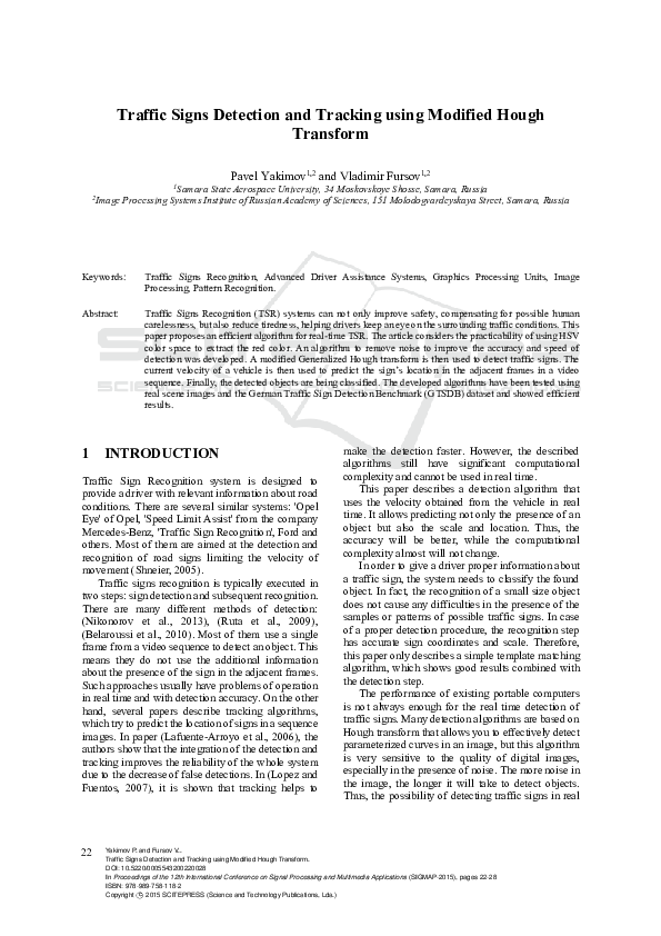 Pdf Traffic Signs Detection And Tracking Using Modified Hough Transform