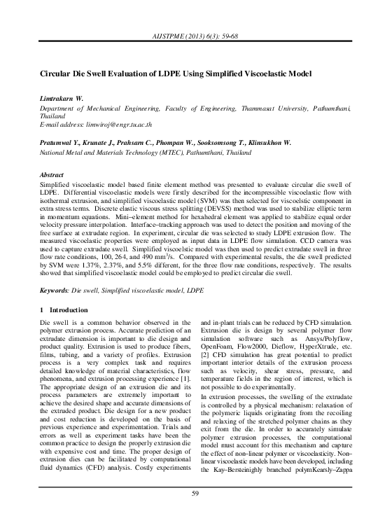 (PDF) Circular Die Swell Evaluation of LDPE Using Simplified ...