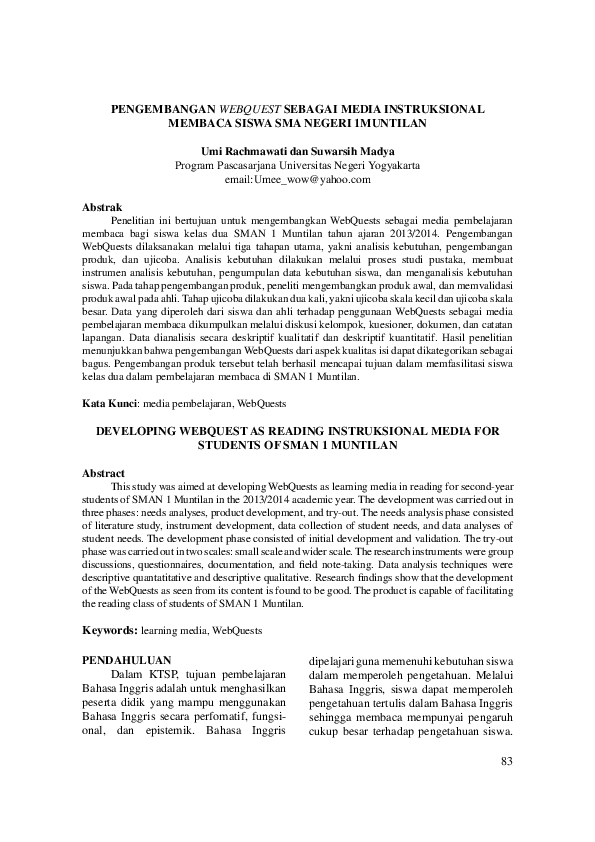 (PDF) Pengembangan Webquest Sebagai Media Instruksional Membaca Siswa ...