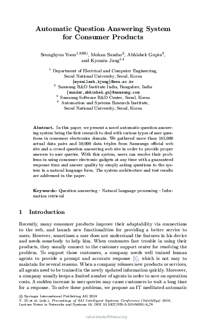 (PDF) Automatic Question Answering System for Consumer Products
