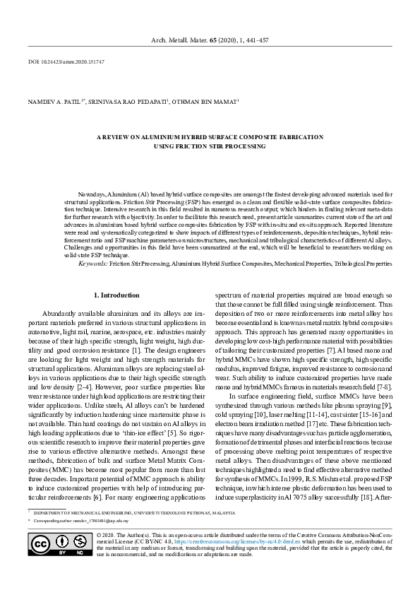 Pdf A Review On Aluminium Hybrid Surface Composite Fabrication Using Friction Stir Processing