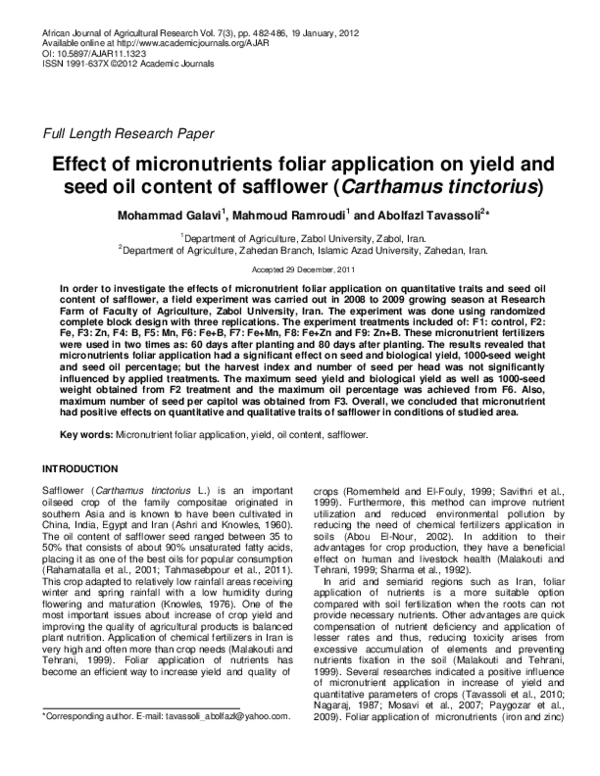 Pdf Effect Of Micronutrients Foliar Application On Yield And Seed Oil
