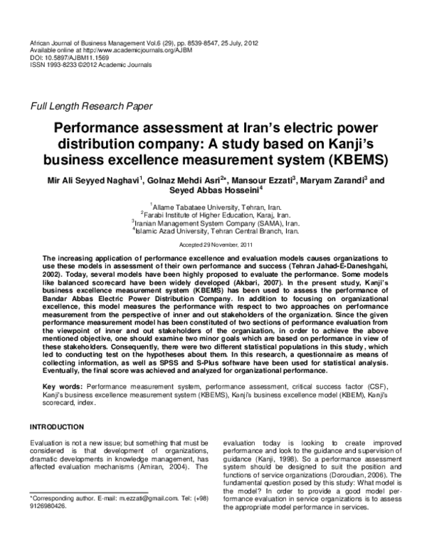 (PDF) Performance assessment at Iran’s electric power distribution company: A study based on ...