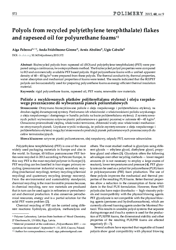 (PDF) Polyols from recycled poly(ethylene terephthalate) flakes and ...