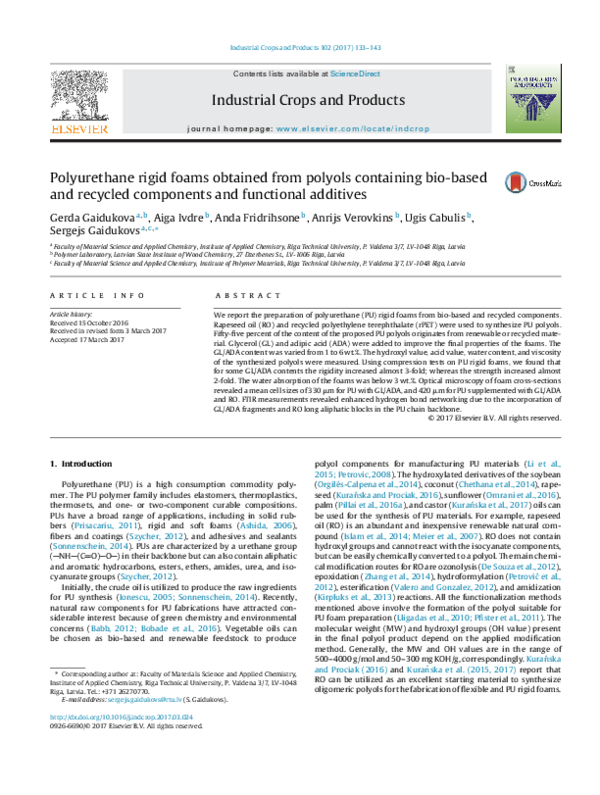 (PDF) Polyurethane rigid foams obtained from polyols containing bio ...
