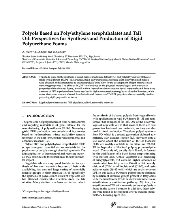 (PDF) Polyols Based on Poly(ethylene terephthalate) and Tall Oil: Perspectives for Synthesis and ...