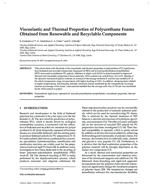 (PDF) Viscoelastic and Thermal Properties of Polyurethane Foams Obtained from Renewable and ...