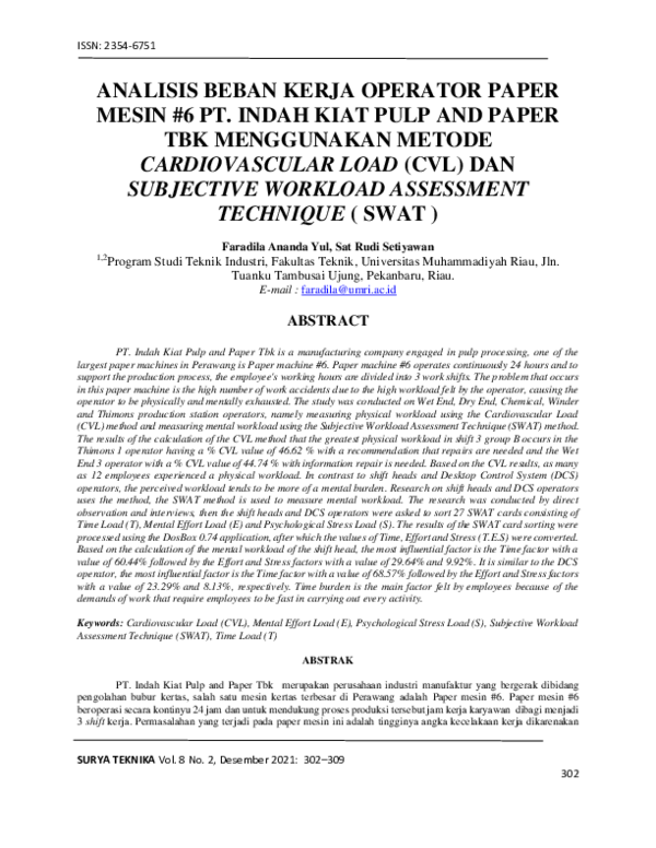 (PDF) The ANALISIS BEBAN KERJA OPERATOR PAPER MESIN #6 PT. INDAH KIAT PULP AND PAPER TBK ...