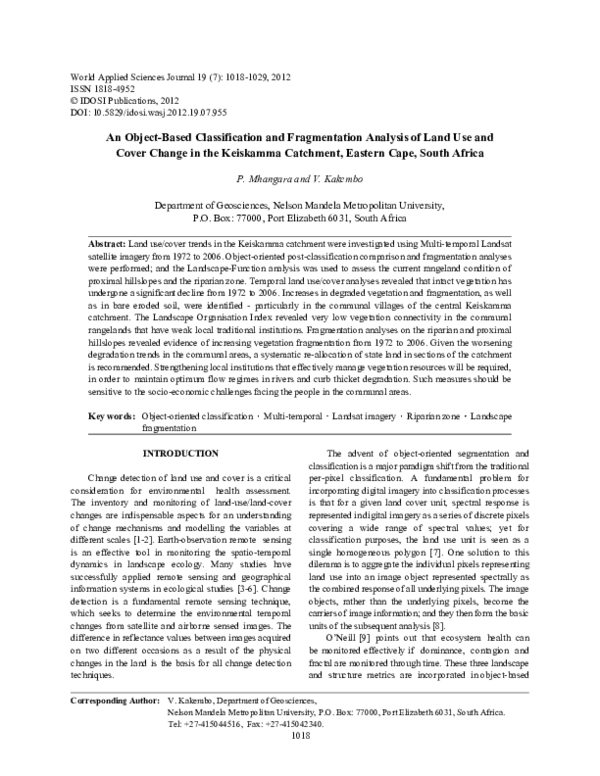 (PDF) An Object-Based Classification and Fragmentation Analysis of Land Use and Cover Change in ...