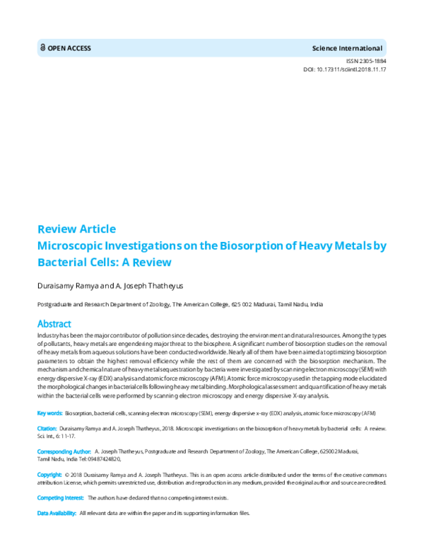(PDF) Microscopic Investigations on the Biosorption of Heavy Metals by Bacterial Cells: A Review