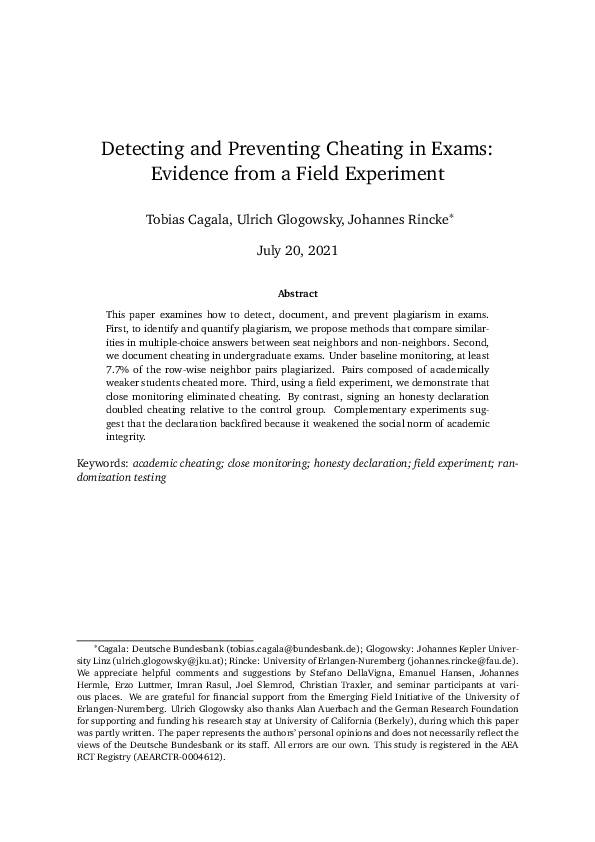 (PDF) Detecting and Preventing Cheating in Exams: Evidence from a Field ...
