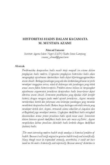 (PDF) Historitas Hadis Dalam Kacamata M. Mustafa Azami