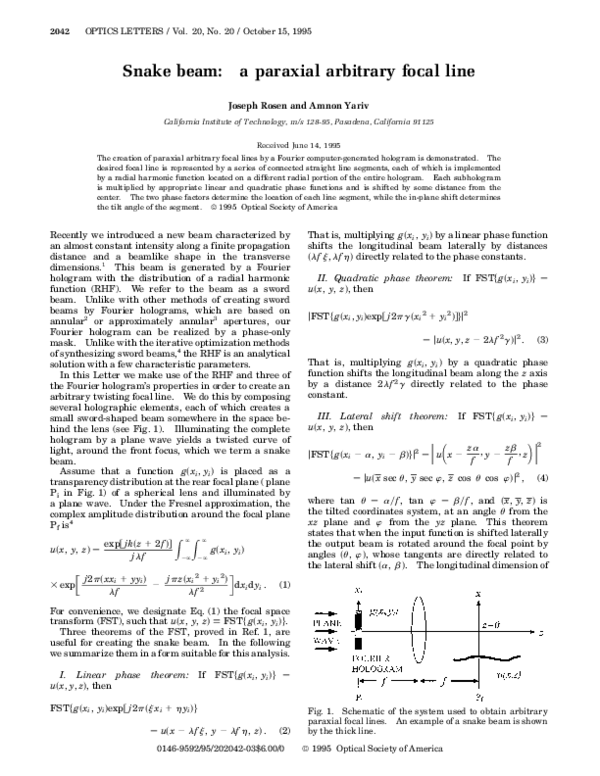 (PDF) Snake beam: a paraxial arbitrary focal line