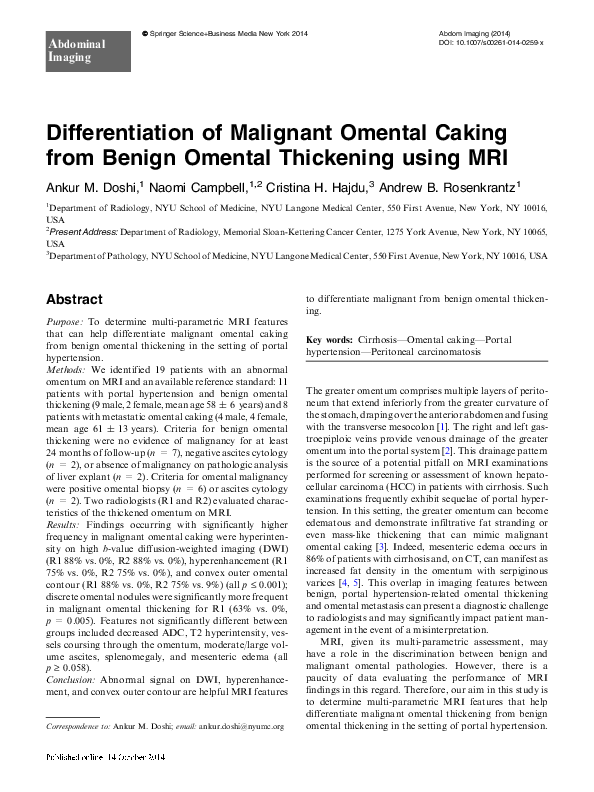 (PDF) Differentiation of Malignant Omental Caking from Benign Omental ...