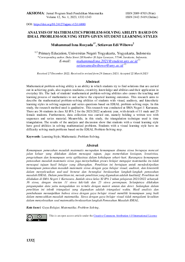(PDF) Analysis of Mathematics Problem-Solving Ability Based on Ideal ... (PDF) Analysis of Mathematics Problem-Solving Ability Based on Ideal ...